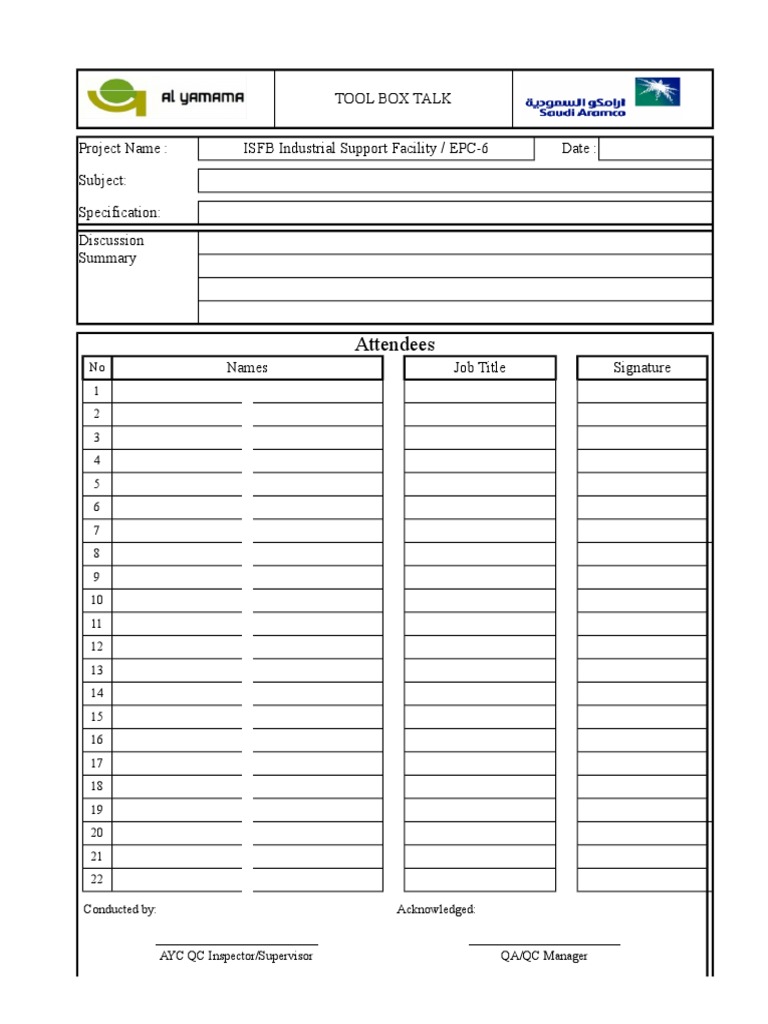 Tool Box Talk Form | PDF