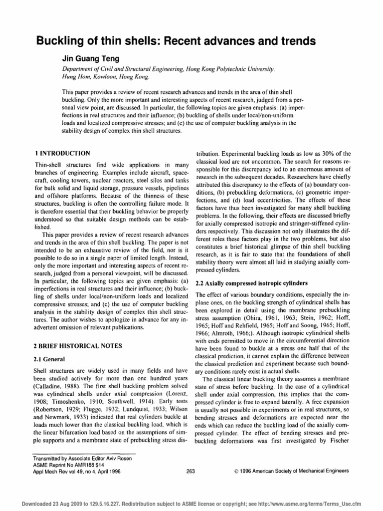 Buckling of Thin Shells: Recent Advances and Trends: Jin Guang Teng ...