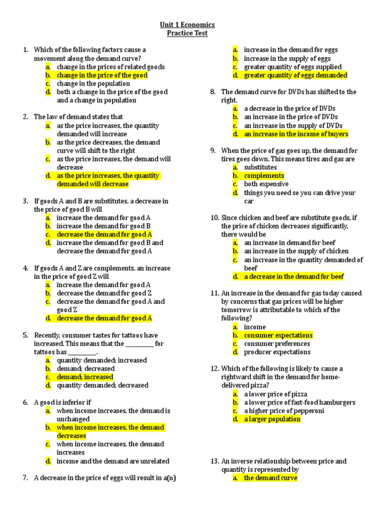 Unit 1 Economics Practice | PDF | Supply (Economics) | Demand