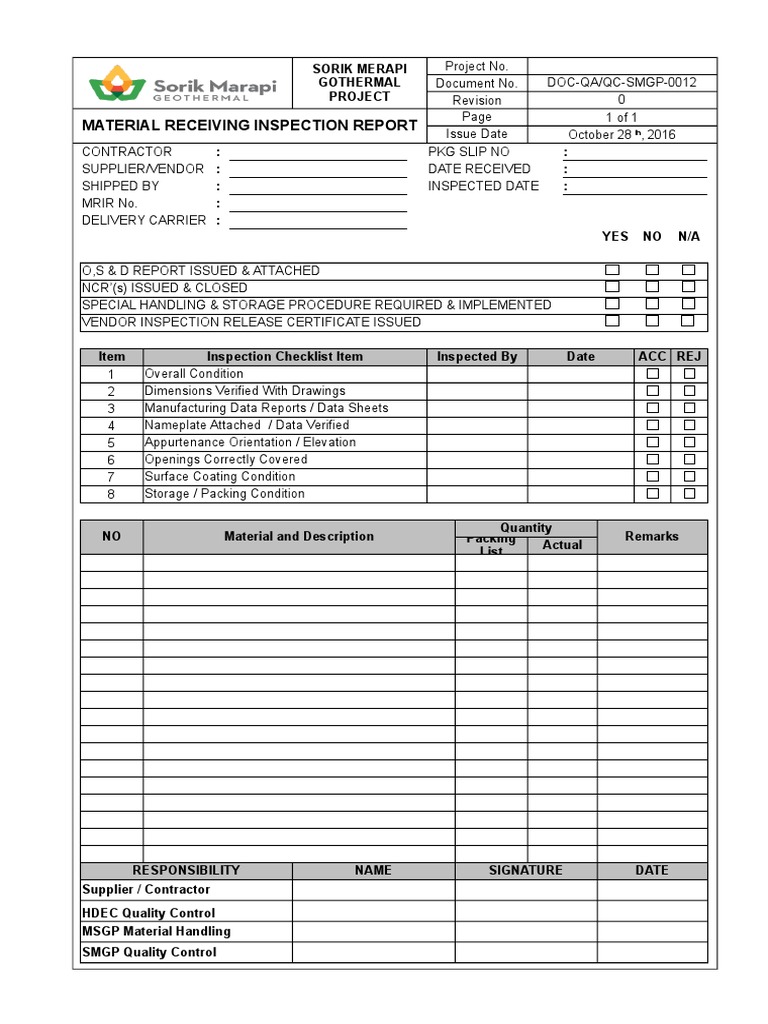 Material Receiving Inspection Report | PDF