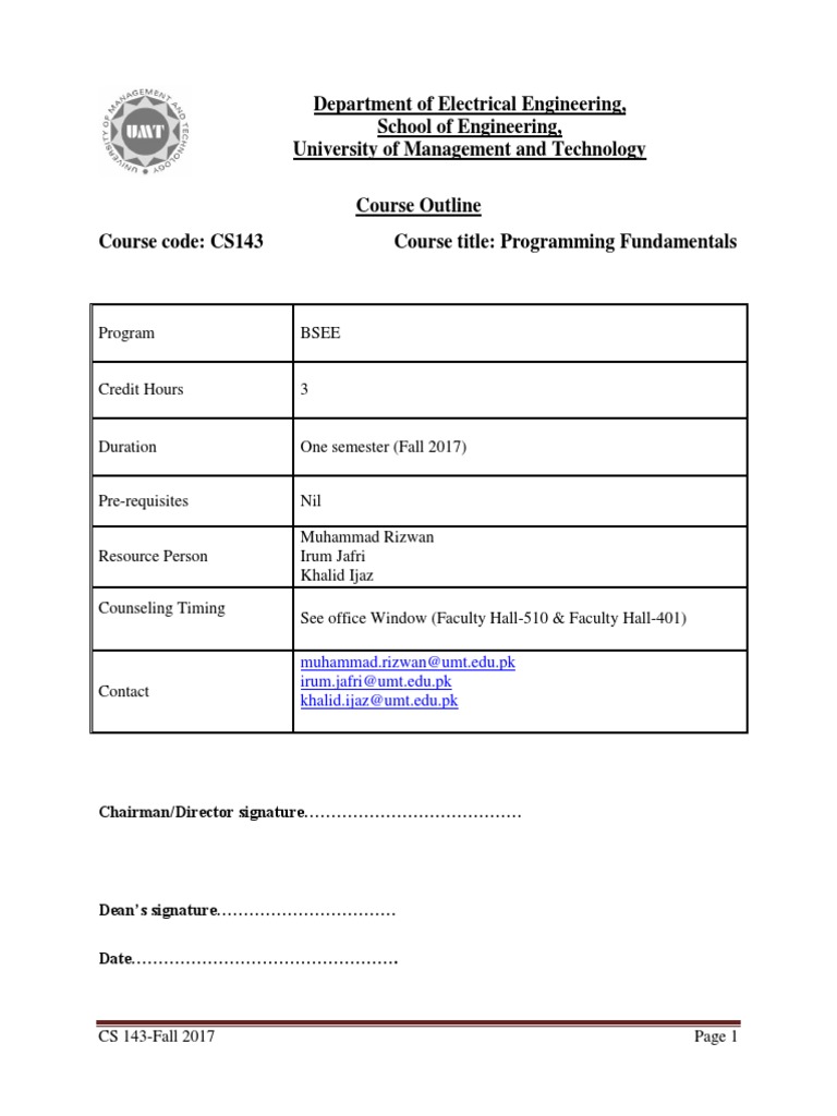 UMT CS143 Programming Fundamentals Outline | PDF | Pointer (Computer ...