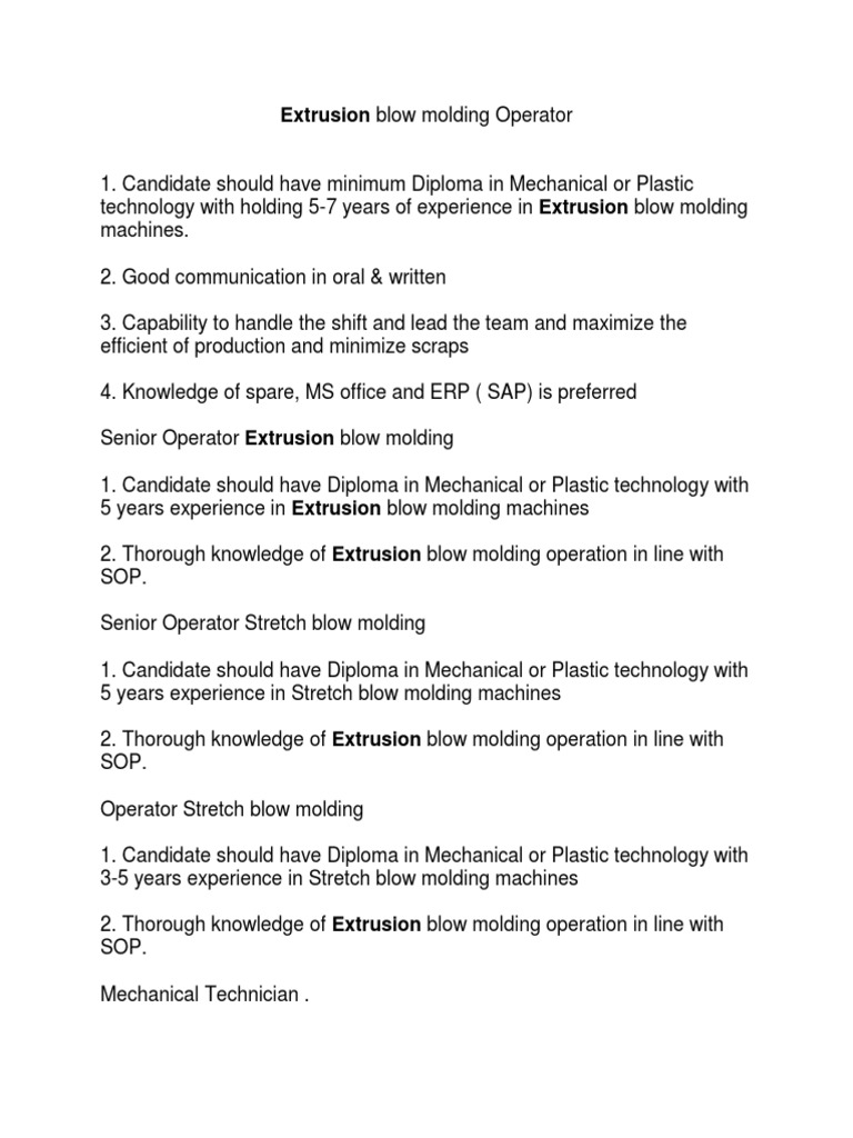 Extrusion Blow Molding Operator | PDF