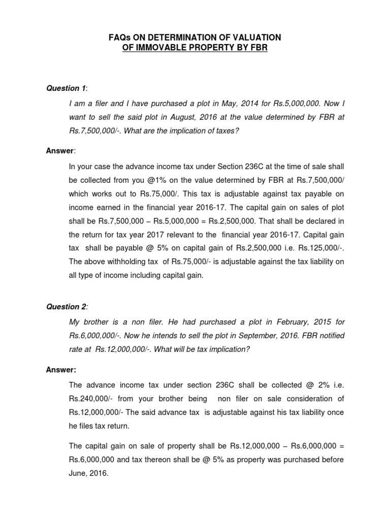 Faqs On Determination of Valuation of Immovable Property by FBR | PDF ...