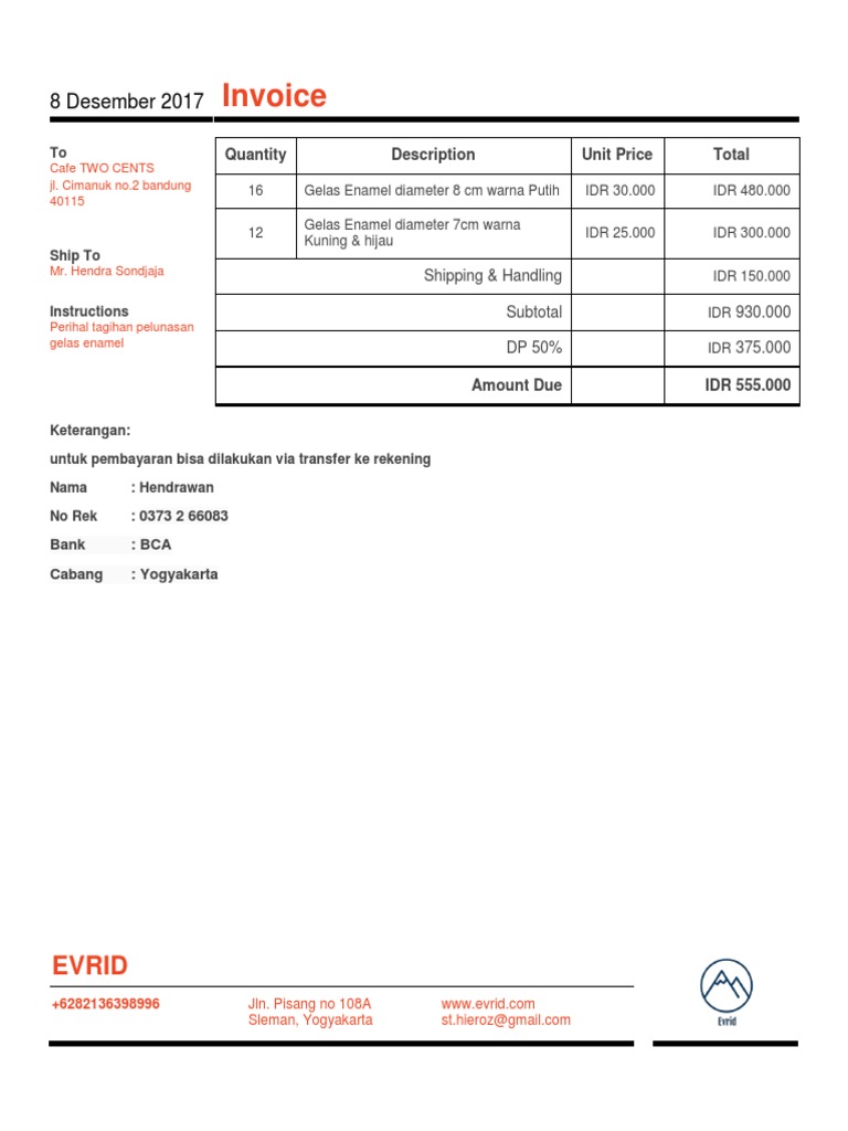 Invoice for Cafe TWO CENTS Order | PDF