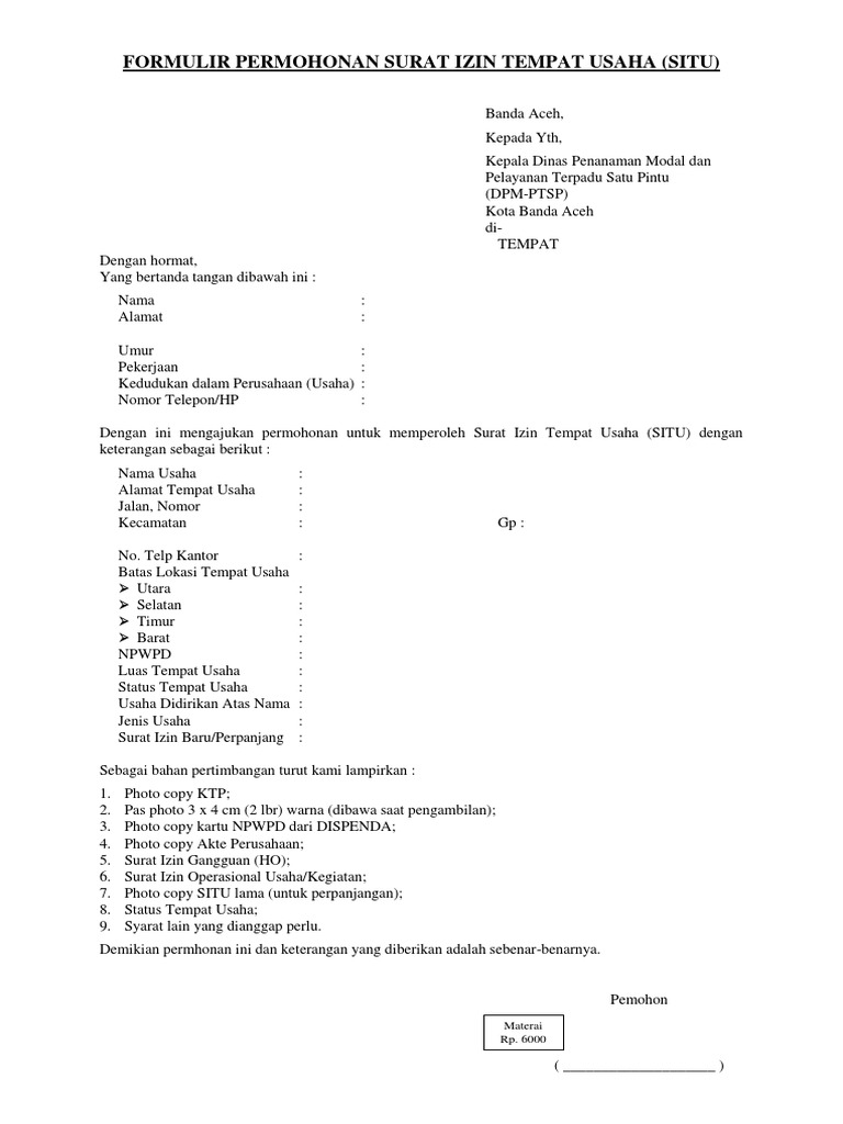 Permohonan Surat Izin Tempat Usaha | PDF