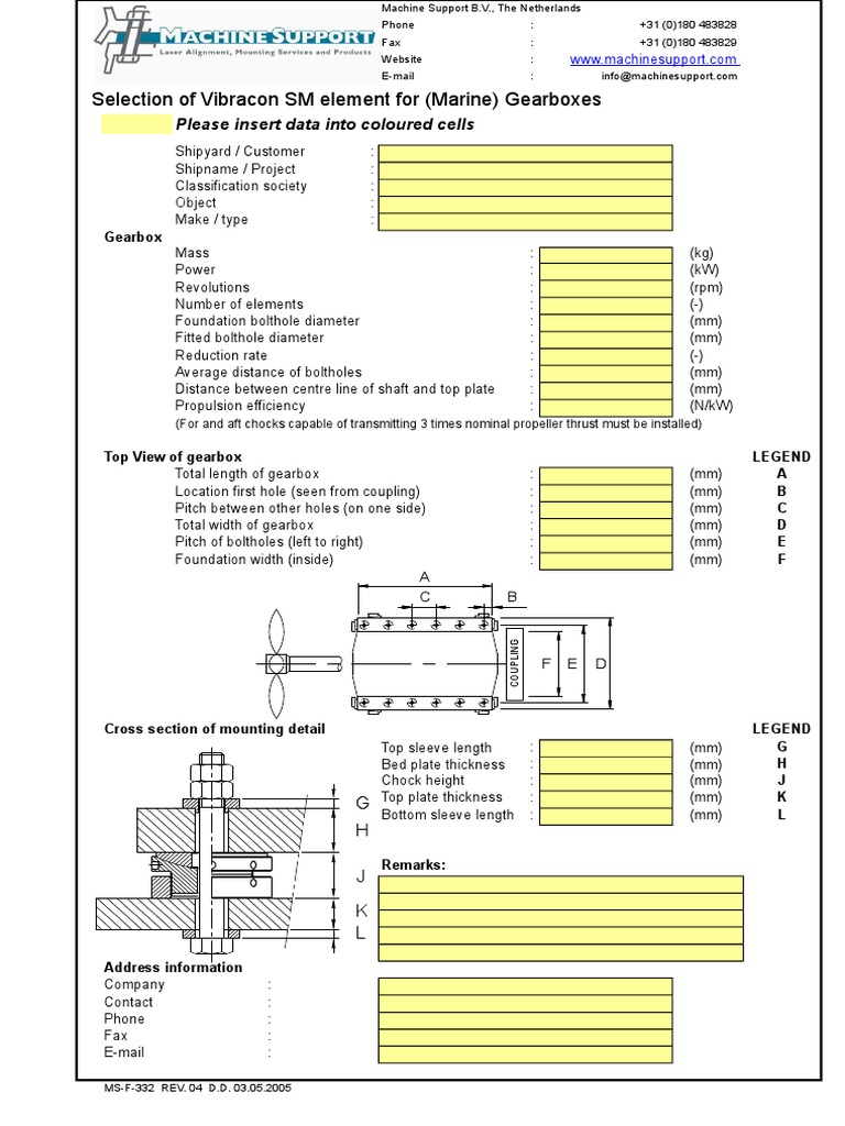Selection of Vibracon SM Element For (Marine) Gearboxes: Please Insert ...