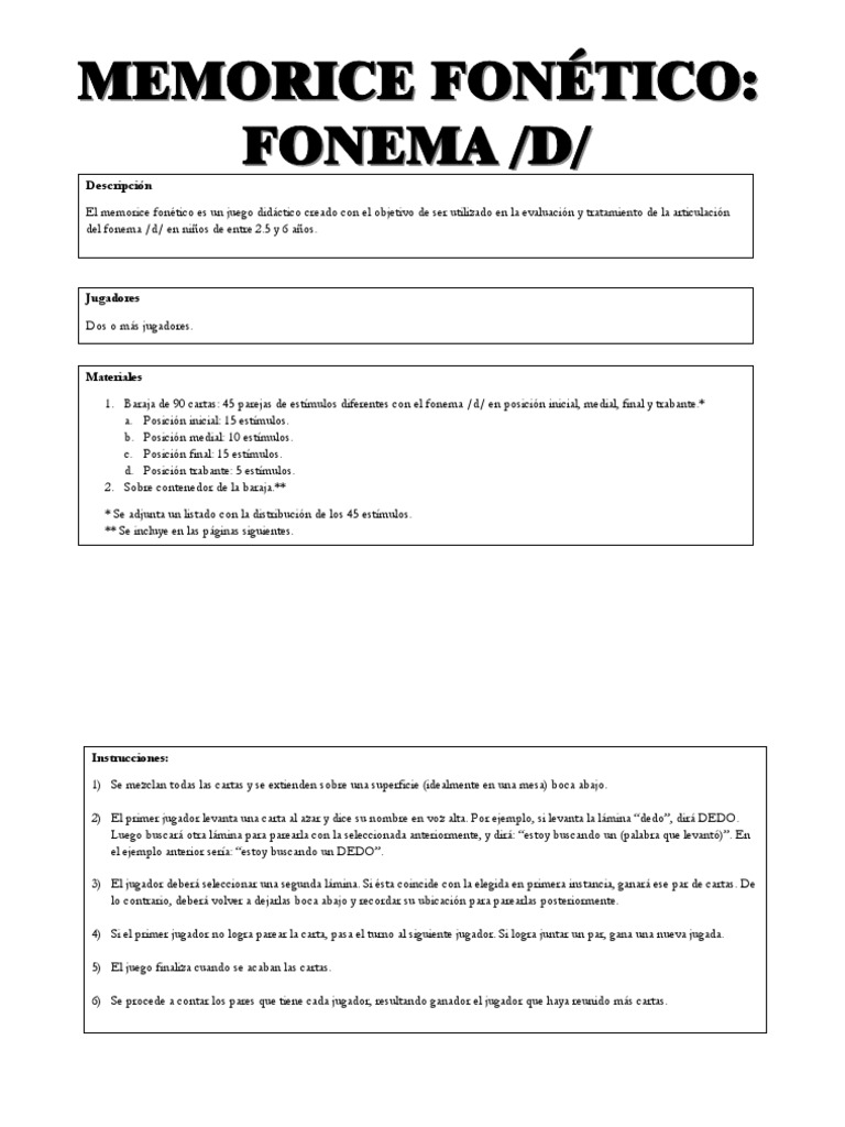 Juego de Memoria Fonética con /d/ | PDF | Jugando a las cartas | Fonética