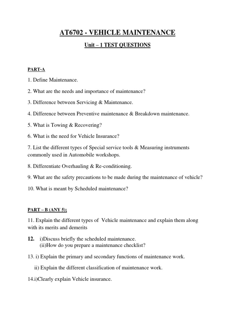 At6702 - Vehicle Maintenance: Unit - 1 Test Questions | PDF