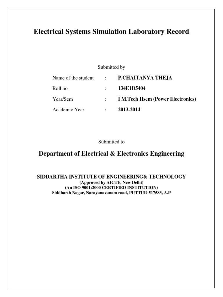 Electrical Systems Simulation Laboratory Record: Department of ...