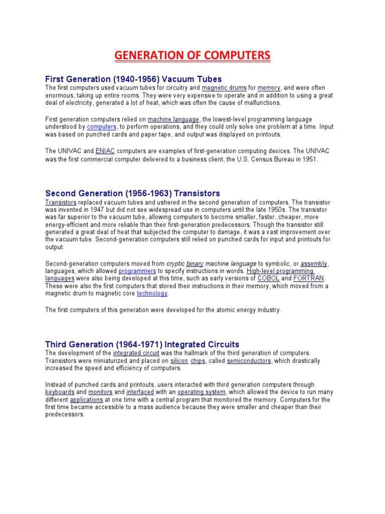 Generation of Computers: First Generation (1940-1956) Vacuum Tubes ...