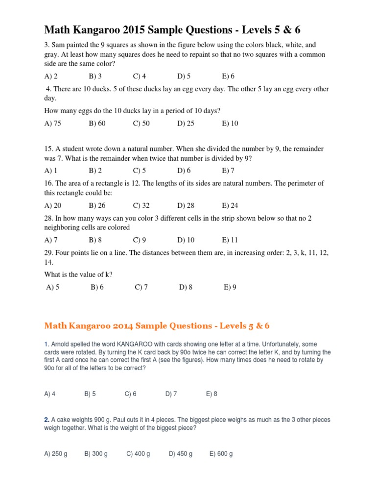 Math Kangaroo 2015 Sample Questions | PDF | Area | Elementary Mathematics