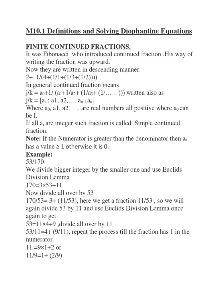 M10.1 Definitions and Solving Diophantine Equations | PDF | Fraction ...