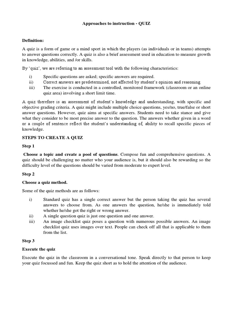 Approaches To Instruction - QUIZ | PDF | Quiz | Educational Assessment
