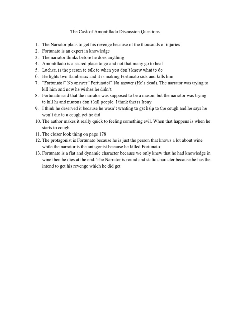 The Cask of Amontillado Discussion Questions | PDF