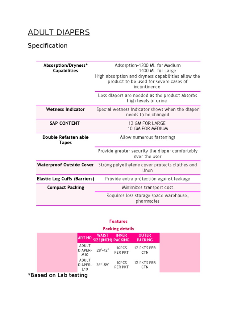 Adult Diapers and Underpad Specification | PDF | Diaper | Nature