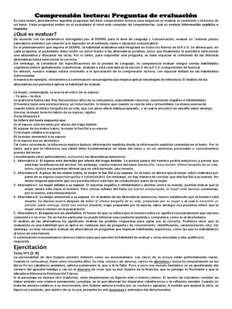 Comprensión Lectora Preguntas de Evaluación | PDF | Don Quijote ...