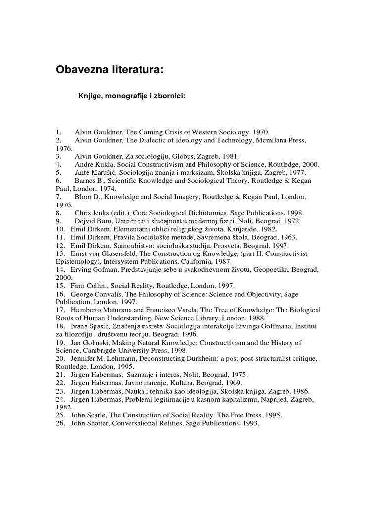 Obavezna Literatura, Sociologija Znanja 1 | PDF