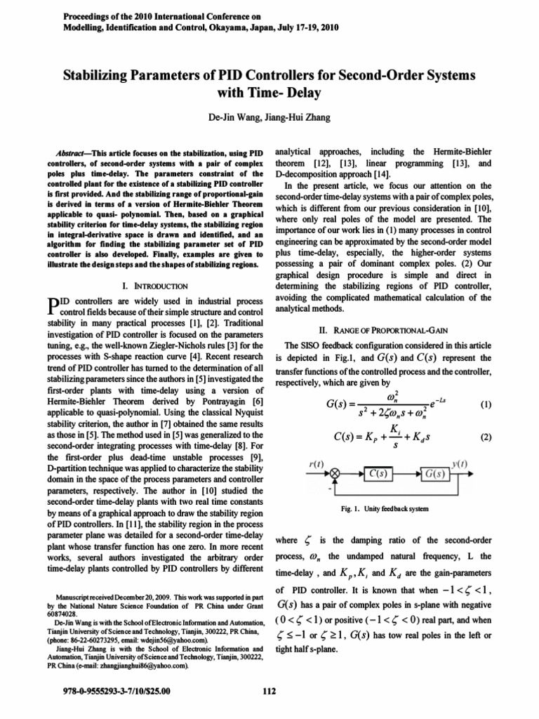 Stabilizing Parameters of PID Controllers For Second-Order Systems With Time-Delay | PDF ...
