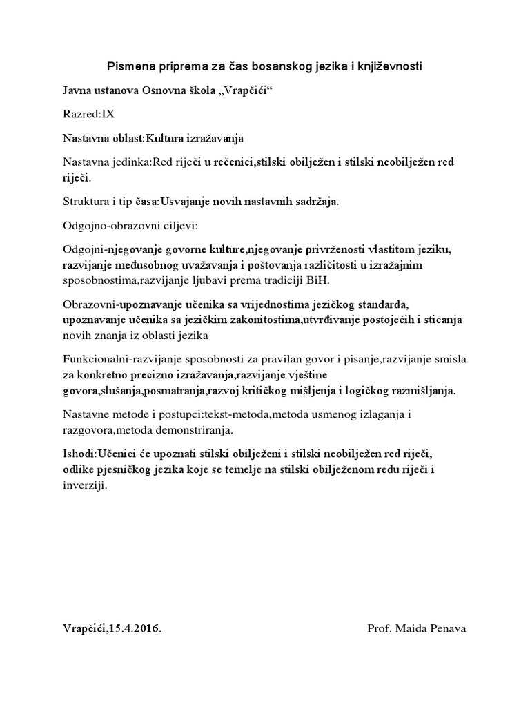 Pismena Priprema Za Cas Bosanskog Jezika IX | PDF