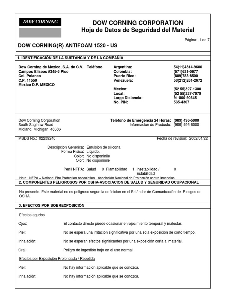 Msds-Antiespumante - Antifoam Dow | PDF | Carbón | Agua