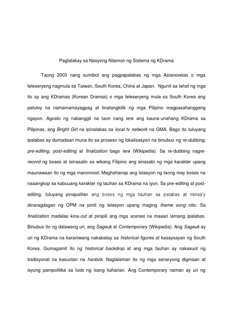 Pagtalakay Sa Nasyong Nilamon NG Sistema NG KDrama | PDF