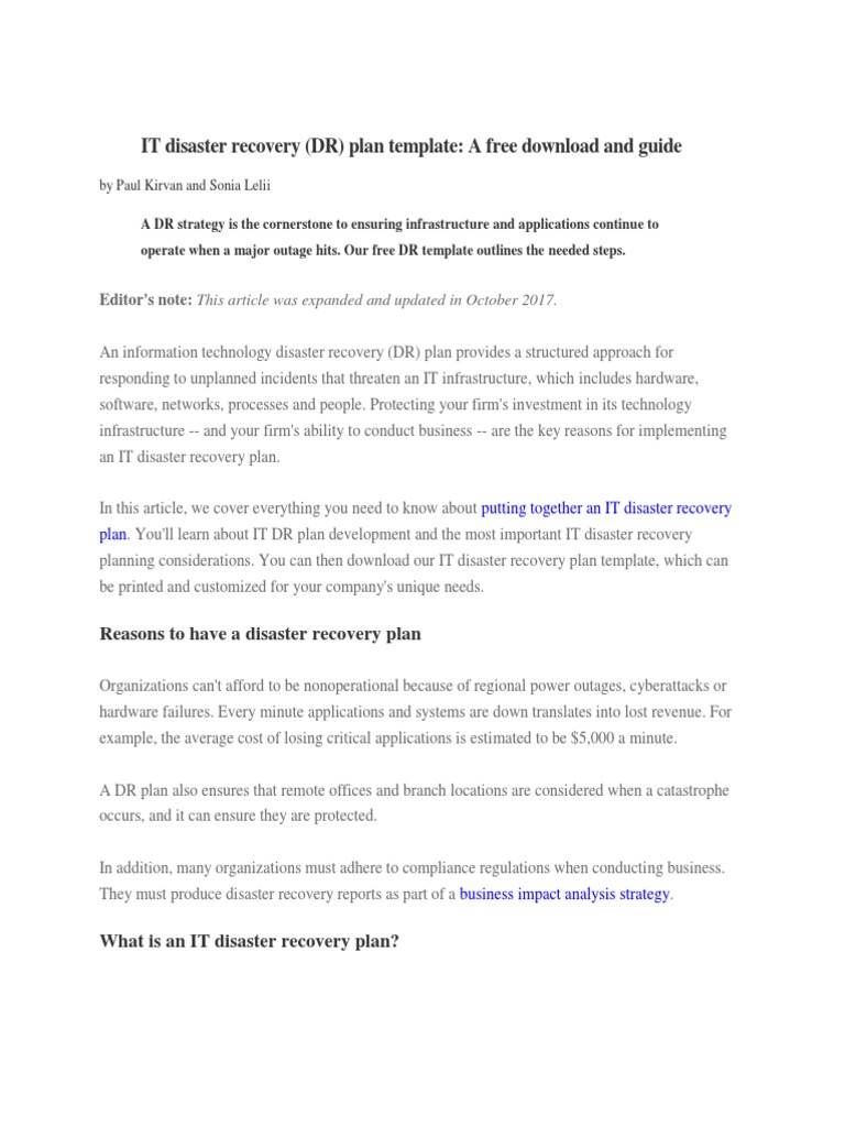 IT Disaster Recovery Plan | PDF | Disaster Recovery | Systems Engineering