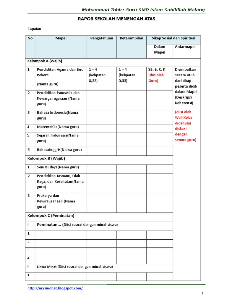 Format Rapor SMA Kurikulum 2013 | PDF