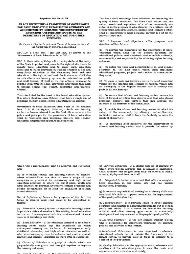 RA No. 9155 | PDF | Governance | Learning