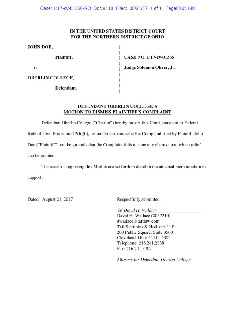 John Doe V Oberlin - Motion To Dismiss Complaint | PDF | Title Ix ...