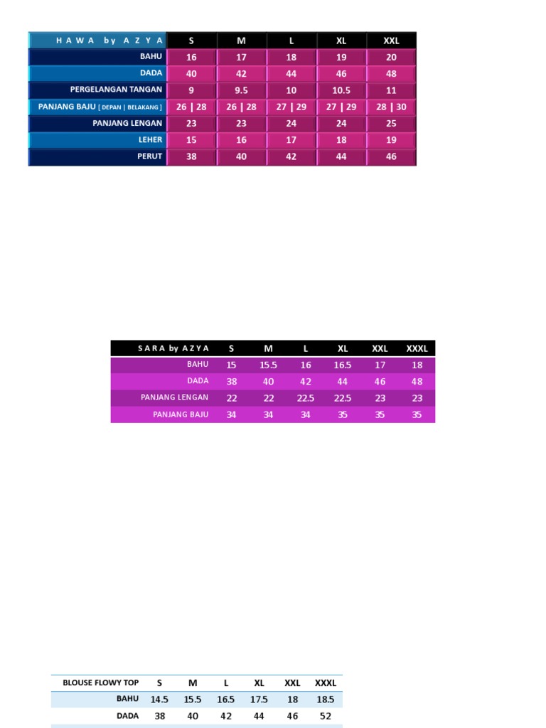 Sizing Charts for Women's Clothing by Brand Azya - Dresses, Blouses ...