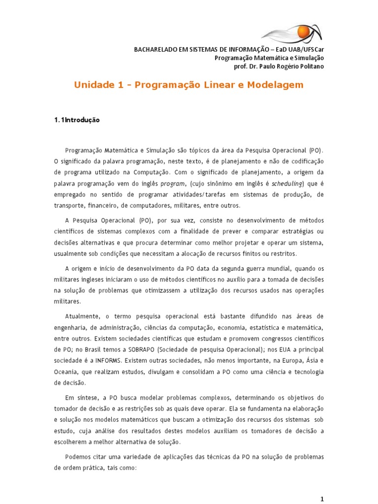 Programação Linear E Modelagem Pdf Pesquisa Operacional