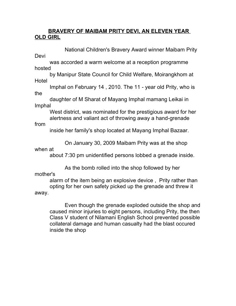 Bravery of Maibam Prity Devi, An Eleven Year Old Girl | PDF