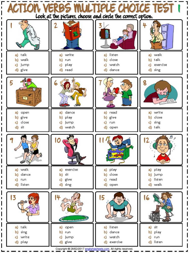 Action Verbs Vocabulary Esl Multiple Choice Tests For Kids | PDF ...