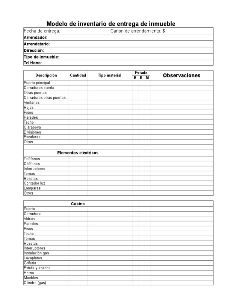 Modelo de Inventario de Entrega de Inmueble | PDF | Implementos ...