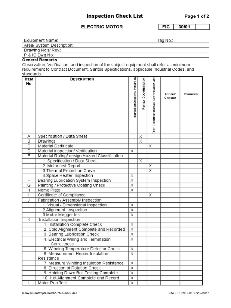 Electric Motor Inspection | PDF | Specification (Technical Standard) | Hvac