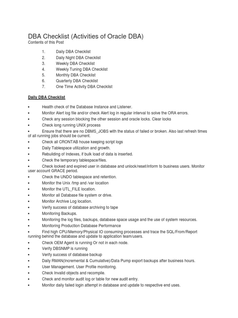Dba Checklist Pdf Oracle Database Database Index 