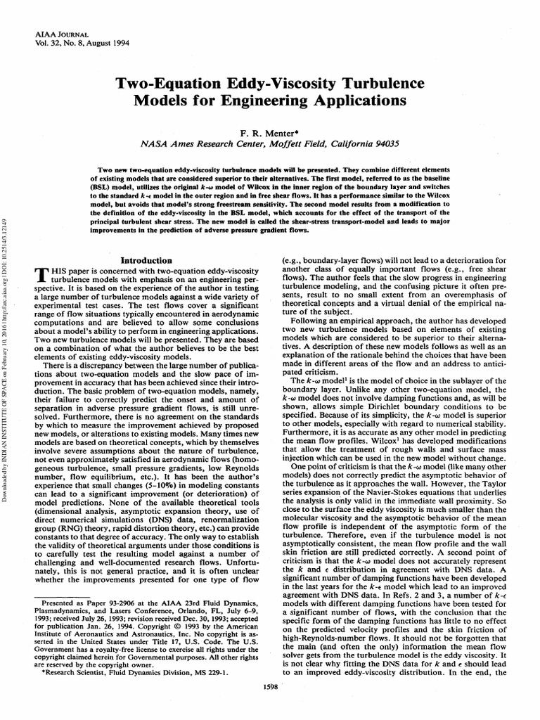 Two Equation Eddy Viscosity Turbulence Models For Engineering | PDF | Boundary Layer | Fluid ...