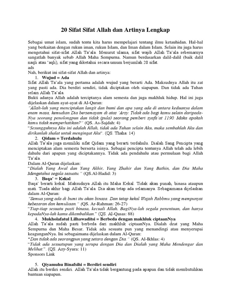 20 Sifat Sifat Allah Dan Artinya Lengkap | PDF