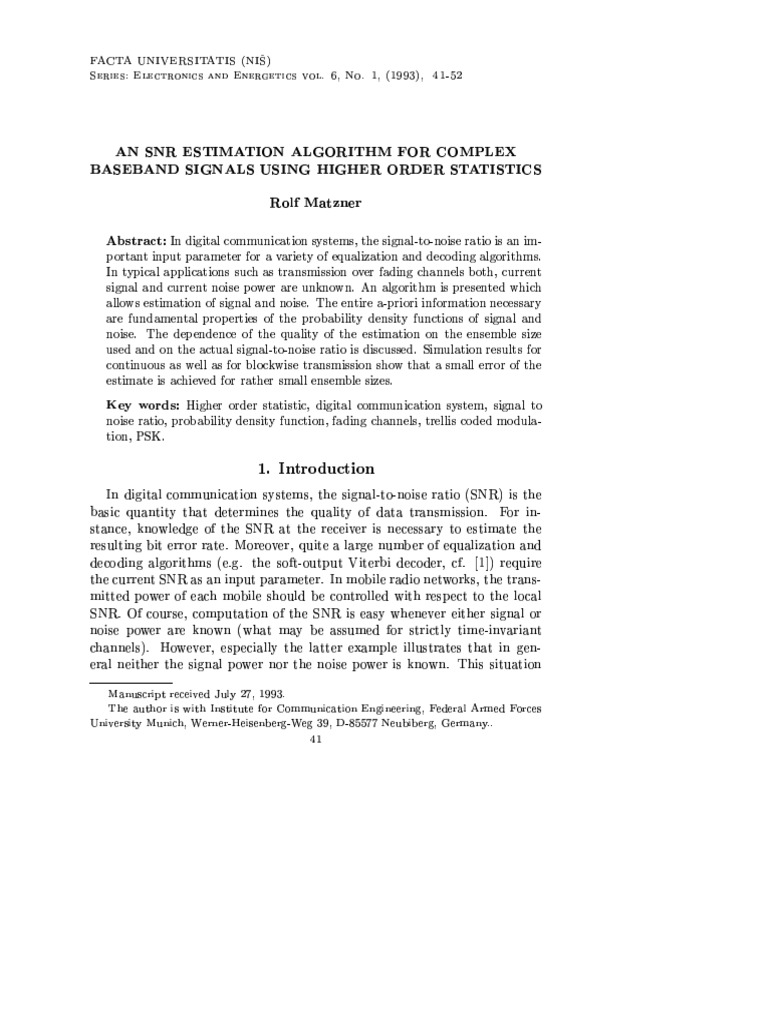 Matzner R. An SNR Estimation Algorithm For Complex Baseband Signals Using Higher Order ...