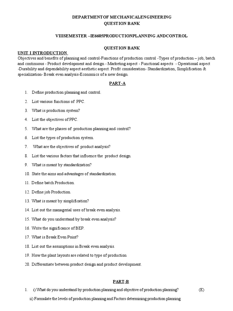 Production Planning and Control Question Bank | Download Free PDF ...