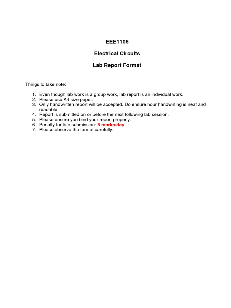 EEE1106 Electrical Circuits Lab Report Format: 5 Marks/day | PDF | Data ...