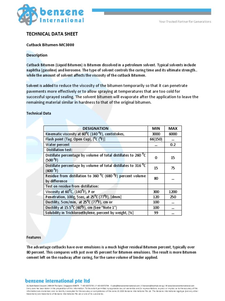 MC3000 Technical Datasheet Cutback Bitumen | PDF | Asphalt | Distillation