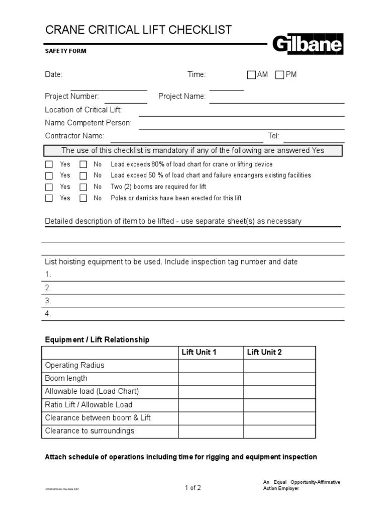 Crane Critical Lift Checklist2 | PDF | Crane (Machine) | Elevator