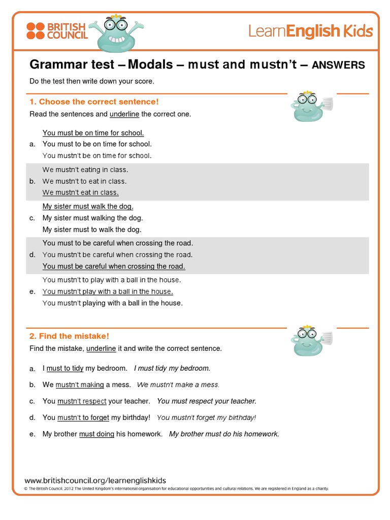 Grammar Practice Modals Must and Mustnt Answers | PDF