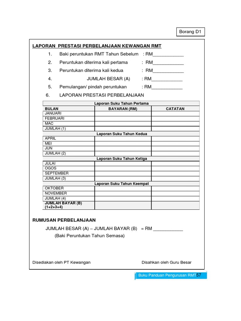 Borang Laporan RMT-1 | PDF | Bisnis | Pengelolaan Keuangan & Uang
