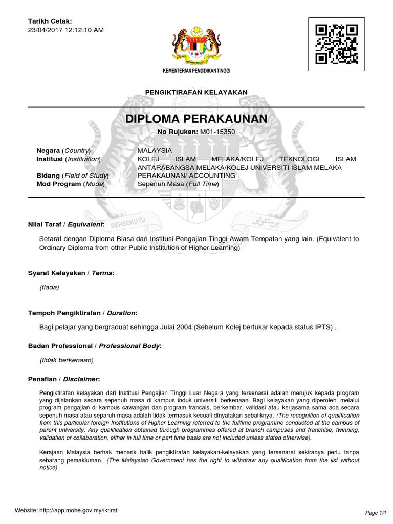 Contoh MQA Diploma Perakaunan KUIM | PDF