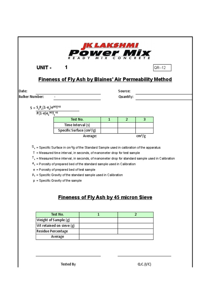 Unit - 1 Fineness of Fly Ash by Blaines' Air Permeability Method | PDF