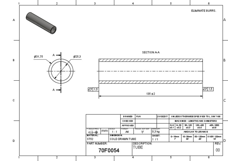 Technical Drawing of a Cold Drawn Steel Tube with Dimensioned Views and ...