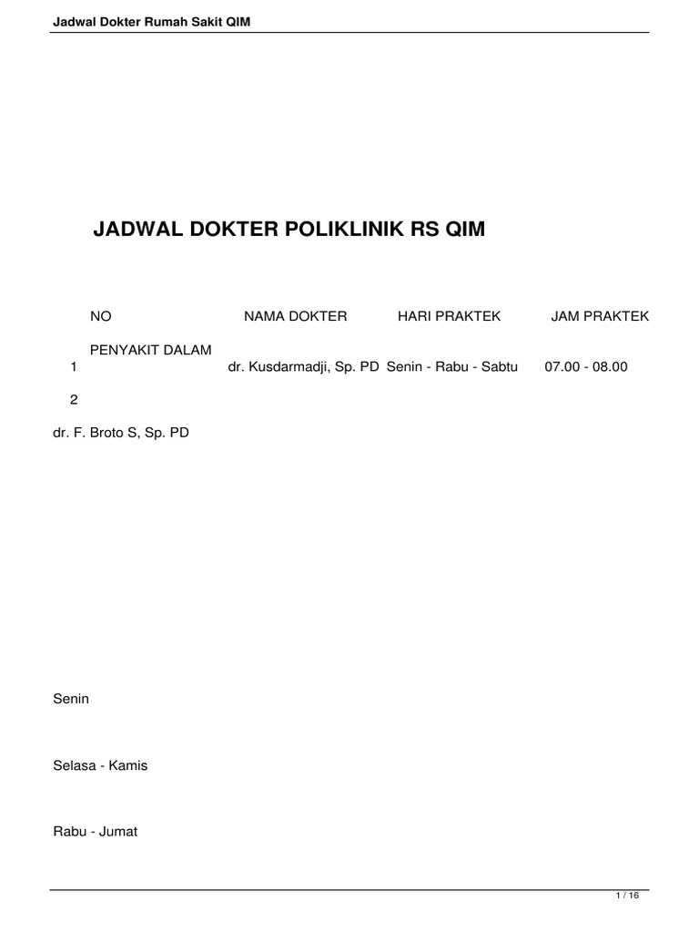 Jadwal Dokter RS QIM Batang 2024 | PDF
