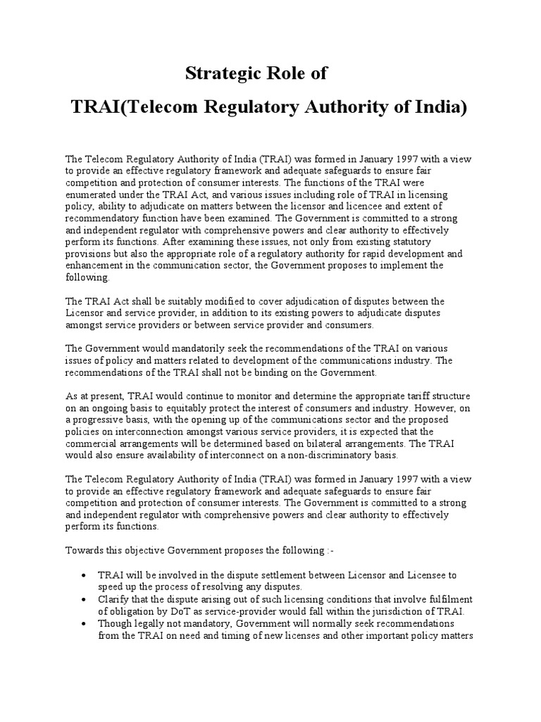 Strategic Role of TRAI | PDF | License | Justice